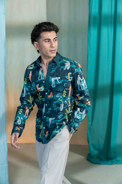 Buy Fragrant Journey Cotton Satin Lucid Teal Printed Shirt Online ...